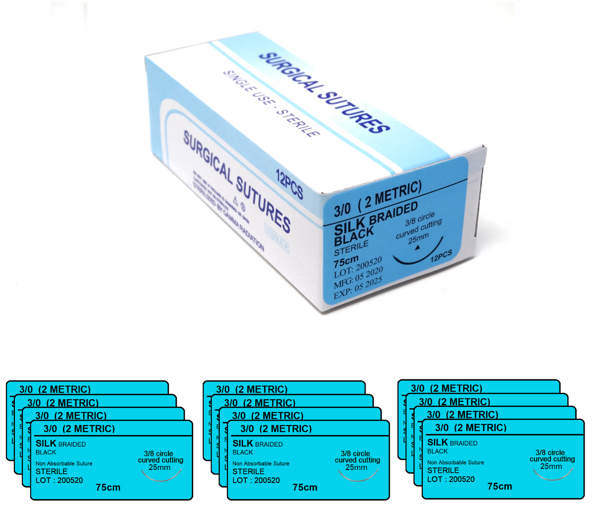 3/0 Silk Surgical Sutures 12/pk Sterile Black Braided Non-Absorbable w ...