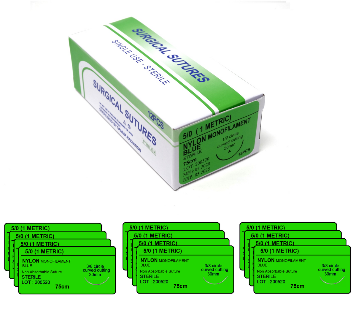 5/0 Nylon Surgical Sutures 12/pk Sterile Blue Braided Non-Absorbable w ...